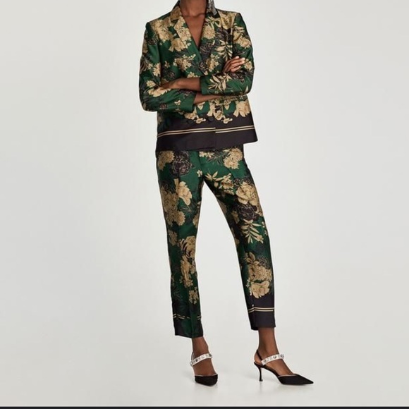 Zara | Jackets & Coats | Zara Green Floral Satin Suit Set | Poshmark